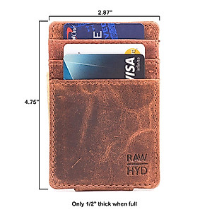 RAW HYD Men's Full-Grain Leather Slim Wallet with Money Clip - RFID Blocking, 5 Card Sleeves, Holds 15 Bills, Compact & Durable - Hunter Brown