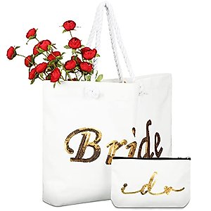2 Pieces Gold Sequin Bride Tote Bag Canvas Beach Bag Bridal Shower Party Bags Large Wedding Clutch Bag with I Do Makeup Pouch for Engagement Bachelorette Wedding Honeymoon