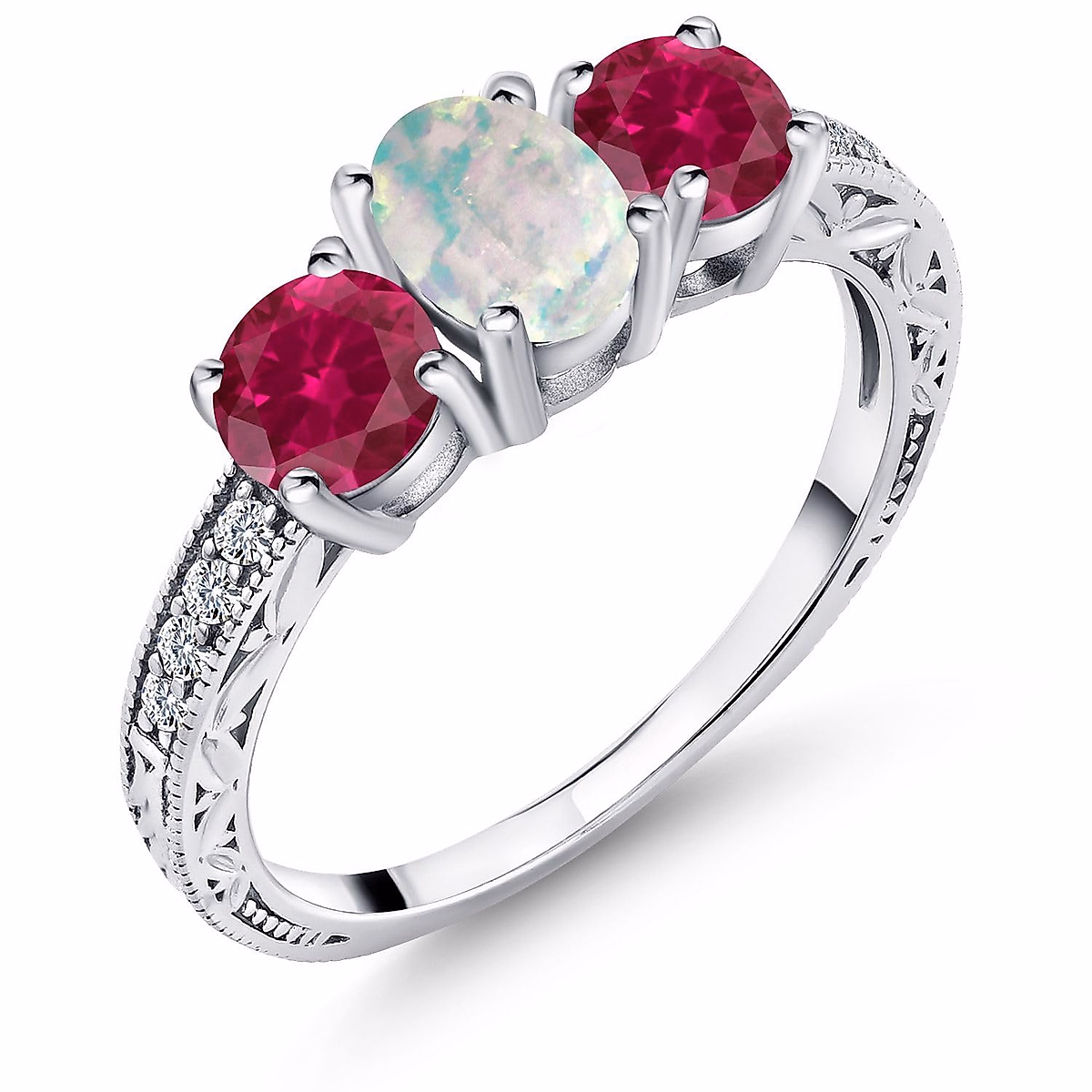 Gem Stone King 925 Sterling Silver Oval Cabochon White Simulated Opal and Red Created Ruby Ring For Women (1.95 Cttw, Available 5,6,7,8,9) (Size 7)