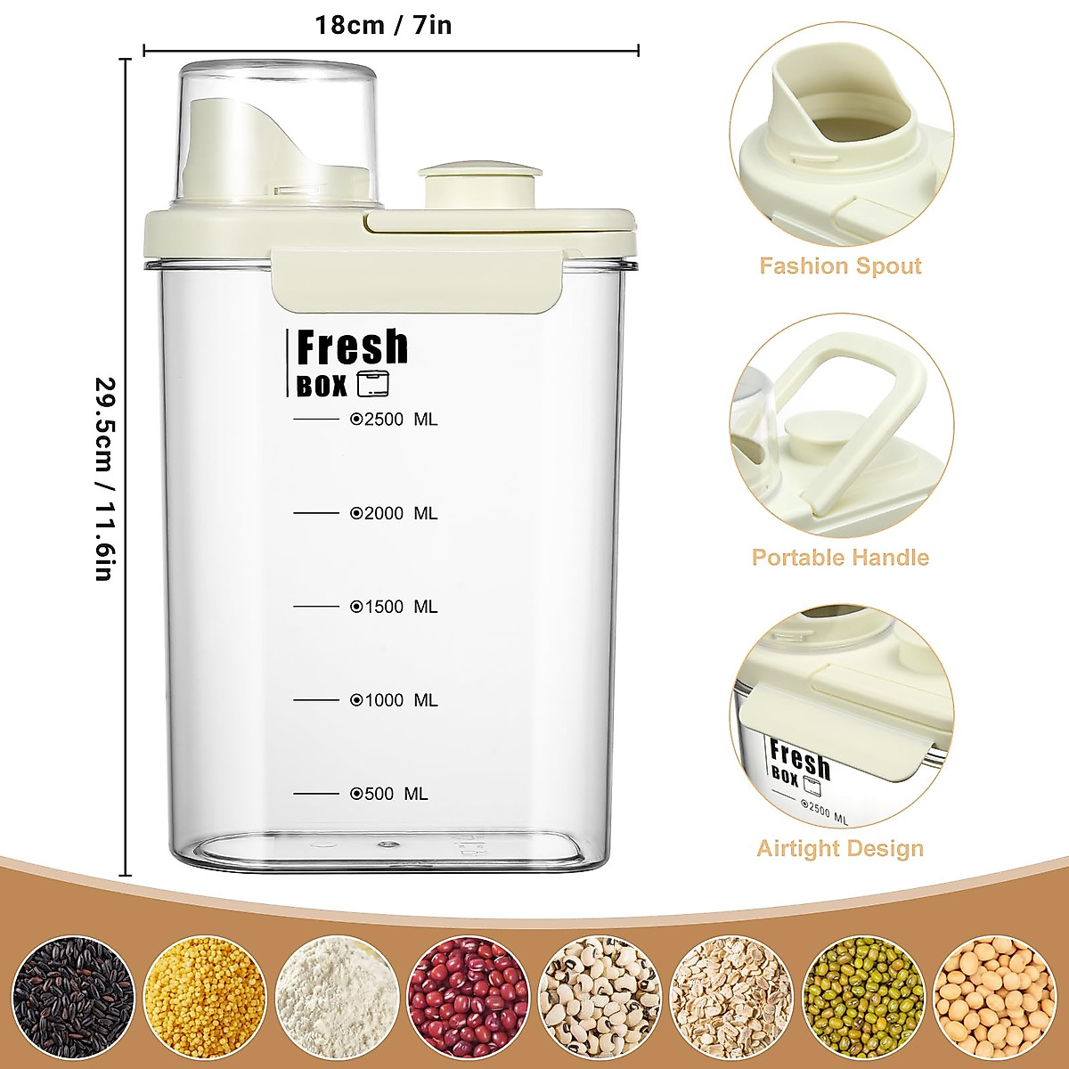 QEOSSKGI Airtight Dry Food Storage Containers, 6LBS Rice Storage Bin Cereal Containers Dispenser with Pourable Spout, BPA Free Plastic Storage Bin Dispenser for Oatmeal, Grain, Cereal, Pasta, Flour