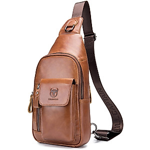 BULLCAPTAIN Genuine Leather Sling Bag for Men Leather Casual Crossbody Shoulder Backpack Travel Hiking Vintage Chest Bags Mens Daypacks (Brown)