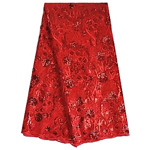 SanVera17 African Fabric 3D Sequins Net Fabrics Nigerian Embroidered Lace Fabric for Party Dress (Red) 5 Yards