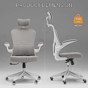 SICHY AGE Ergonomic Office Chair Home Desk Office Chair with Flip-Armrest & Cushion for Lumbar Support, high Back Computer Chair with Thickened Cushion Desk Chairs Gray