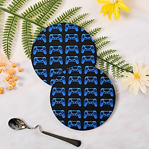 Video Game Joystick Gamepad in Blue Neon Lights Isolated on Black 4 Pcs Tea Wooden Round Coaster Set, Non-Slip Lightweight Wooden Coaster for Party Home Office Kitchen Bar Coffee Table