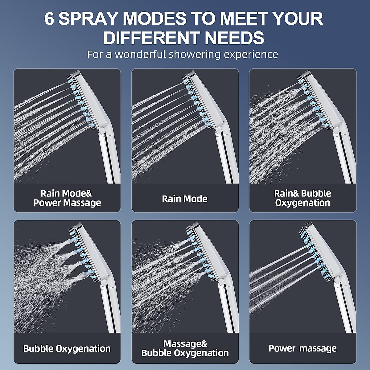 Heemli Handheld Shower Head with Filter, High Pressure 6 Spray Mode Filtered Shower Head with Hose, Bracket and Water Softener Filters Beads for Hard Water Remove Chlorine, Chrome