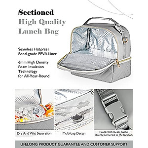 GLORIEROO Lunch Bag Women Men, Large Insulated Lunch Box Tote Cooler - Stylish Vegan Leather 2 Tier Lunch Bag with Adjustable Shoulder Strap for Adults Travel Work, Blue Grey