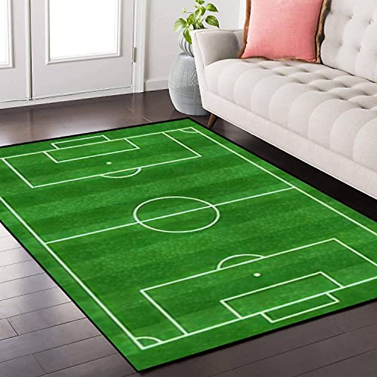 CAWIADFWJO Area Rug Soccer Field Football Stadium Green Grass Painted line Sport Play Non-Slip Soft Carpet Floor Mat Indoor Outdoor Runner Rugs Yoga Mat Home Decor for Living Room Bedroom, 47''x63''