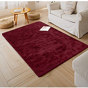 Shaggy 3.2' x 5.2' Area Rug Modern Indoor Plush Fluffy Rugs, Extra Soft Comfy Carpets, Cute Cozy Area Rugs for Bedroom Living Room Girls Boys Kids, Red Wine