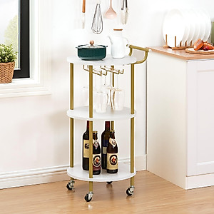 HOOBRO Bar Cart Gold, Home Bar Serving Cart, Rolling Beverage Cart with Wine Rack and Glass Holder, 3-Tier Wine Cart for Kitchen, Dining Room, Living Room, Parties, Gold and White WD31TC01