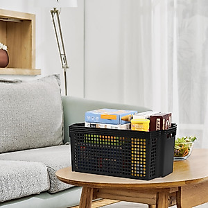 Eagrye Set of 12 Black Plastic Storage Basket for Pantry Organizing, Plastic Stackable Storage Basket for Shelf