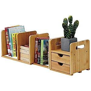 WELLAND Expandable Desktop Bookshelf Bamboo Desk Organizer with 2 Storage Drawers for Office and Home