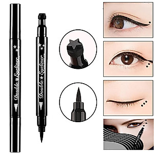 Pinkiou 2 in 1 Double-headed Liquid Eyeliner Pen Stamp Super Slim Gel Felt Tip High Pigment Black Waterproof Smudgeproof Long Lasting Tattoo Makeup Tool(Star)