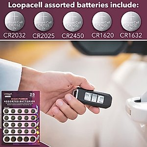 Loopacell High Power Button Cell 3V Lithium Assorted Battery CR2032 CR2025 CR2450 CR1620 CR1632, 25 Piece Set