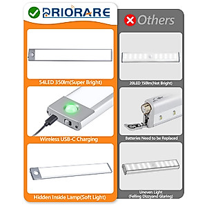 PRIORARE Motion Sensor Closet Light 54 LED Under Cabinet Night Lighting, 2500mAh Rechargeable Ultra Thin Magnetic Closet Lighting, 350lm Led Wireless Lights for Kitchen, Bedroom(White, 2Pack)