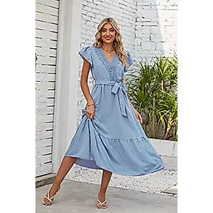 EGRETLAC Women V Neck Haltter Sleeveless Boho Swiss Dot Dress, Elasticated Waist A Line Flowy Hem Long Dresses with Tie Blue