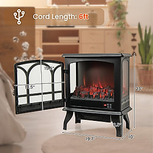 COSTWAY Electric Fireplace Stove with 3-Sided View, Remote Control, 1400W Portable Freestanding Heater with Thermostat, 3-Level Brightness, 0.5-6H Timer, Overheat Protection, CSA Certification, Black