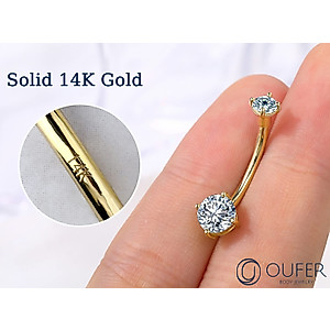 OUFER Gold Belly Button Rings, 14K Solid Gold Belly Rings, Shiny Clear CZ Belly Piercing Jewelry, Navel Rings, Long Navel Belly Rings For Women Men-14MM