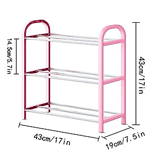 SHELAKET 3-Tier Small Shoe Rack, Lightweight 5-7 Pairs Shoe Shelf Storage Organizer,Sturdy Metal Standing Narrow Shoe Shelf for Closet Entryway Hallway(Pink)