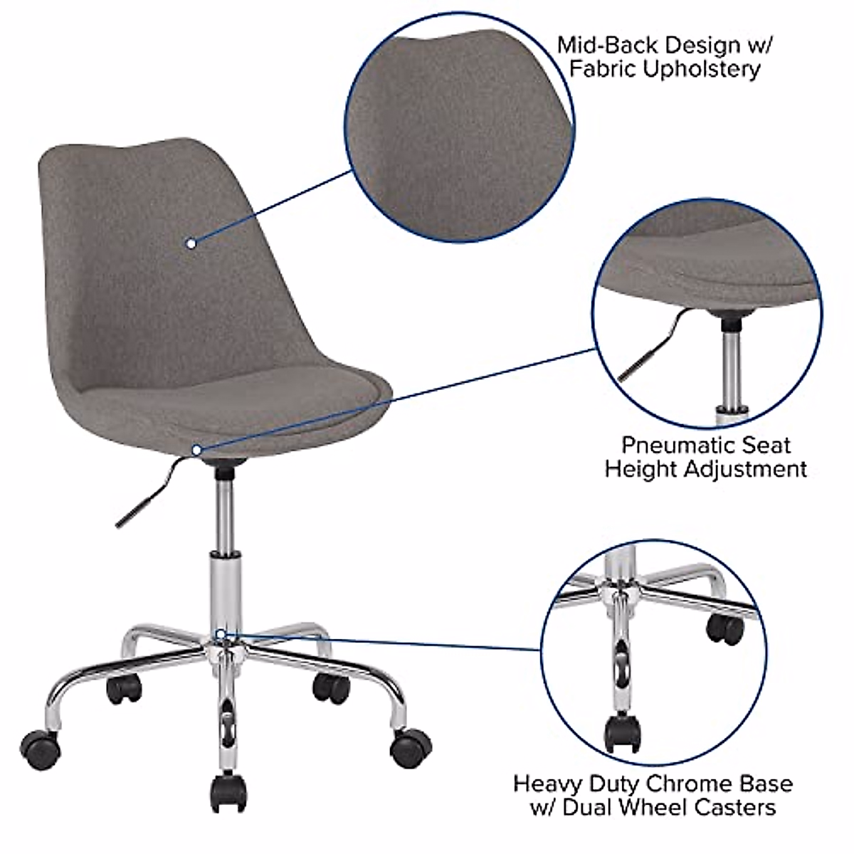 Flash Furniture Aurora Series Mid-Back Light Gray Fabric Task Office Chair with Pneumatic Lift and Chrome Base