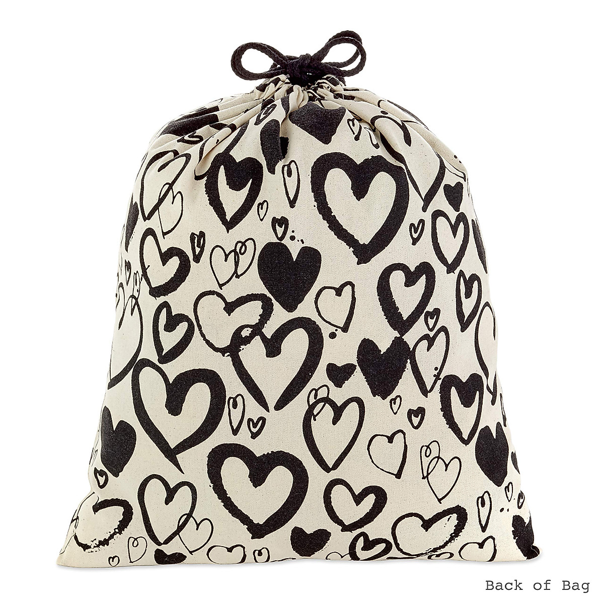 Hallmark 19" Large Canvas Bag with Drawstring (Ivory with Black Hearts) for Valentines Day, Weddings, Bridal Showers, Anniversary and More