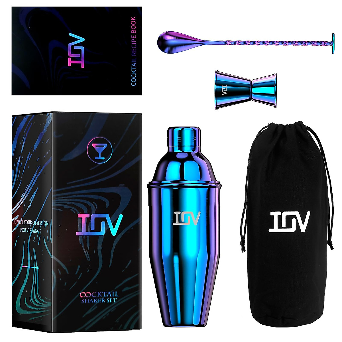 IOV Cocktail Shaker Bar Set, 24oz Martini Shaker with Built-In Strainer, Bar Tool Kit with Recipes Booklet, Professional Stainless Steel Large Bartender Drink Shaker Margarita alcohol Mixer-Rainbow