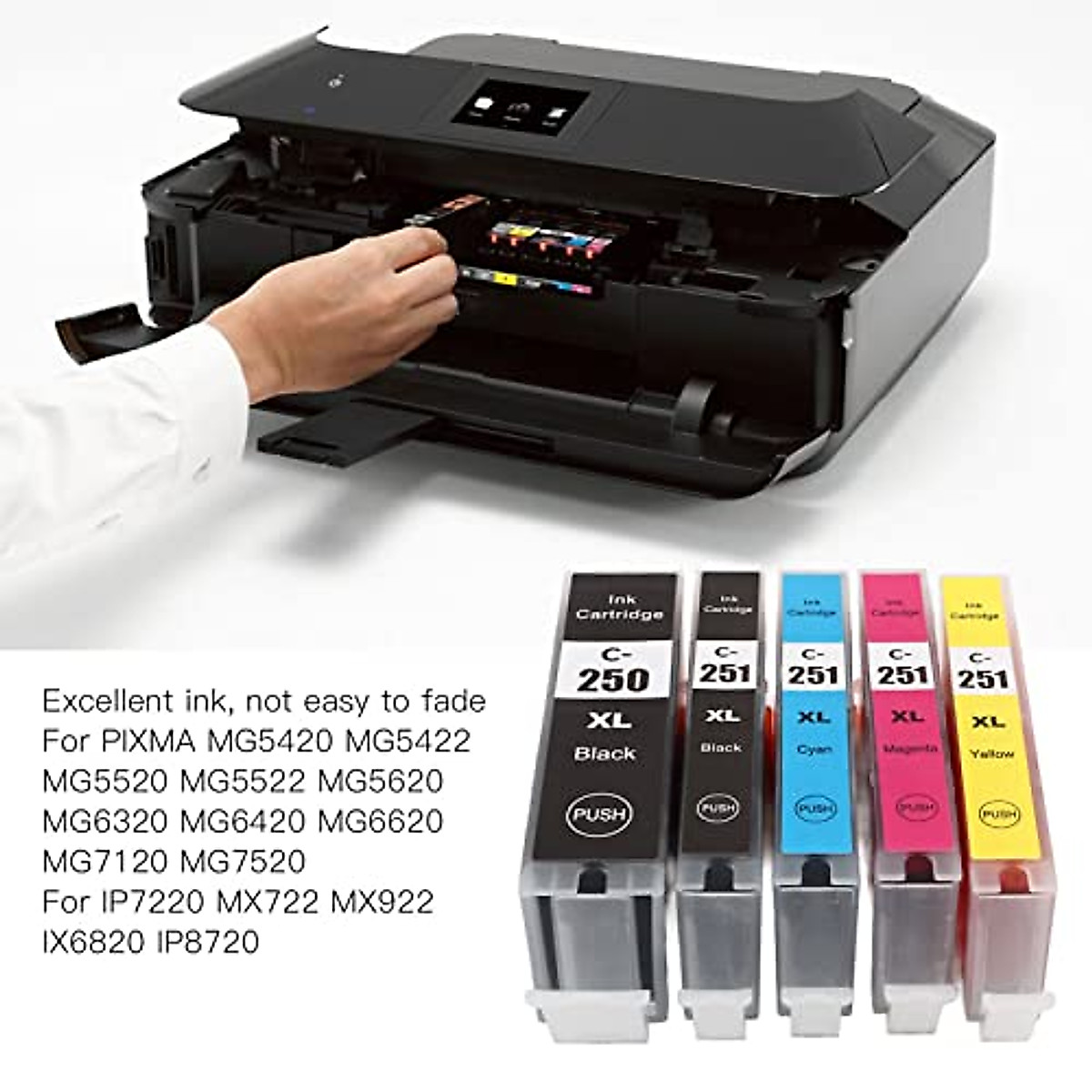 FTVOGUE 250‑251 Multi Colors Ink Cartridge Replacement Printer Inkjet Cartridges for PIXMA (BK BK C M Y 5 Colors)