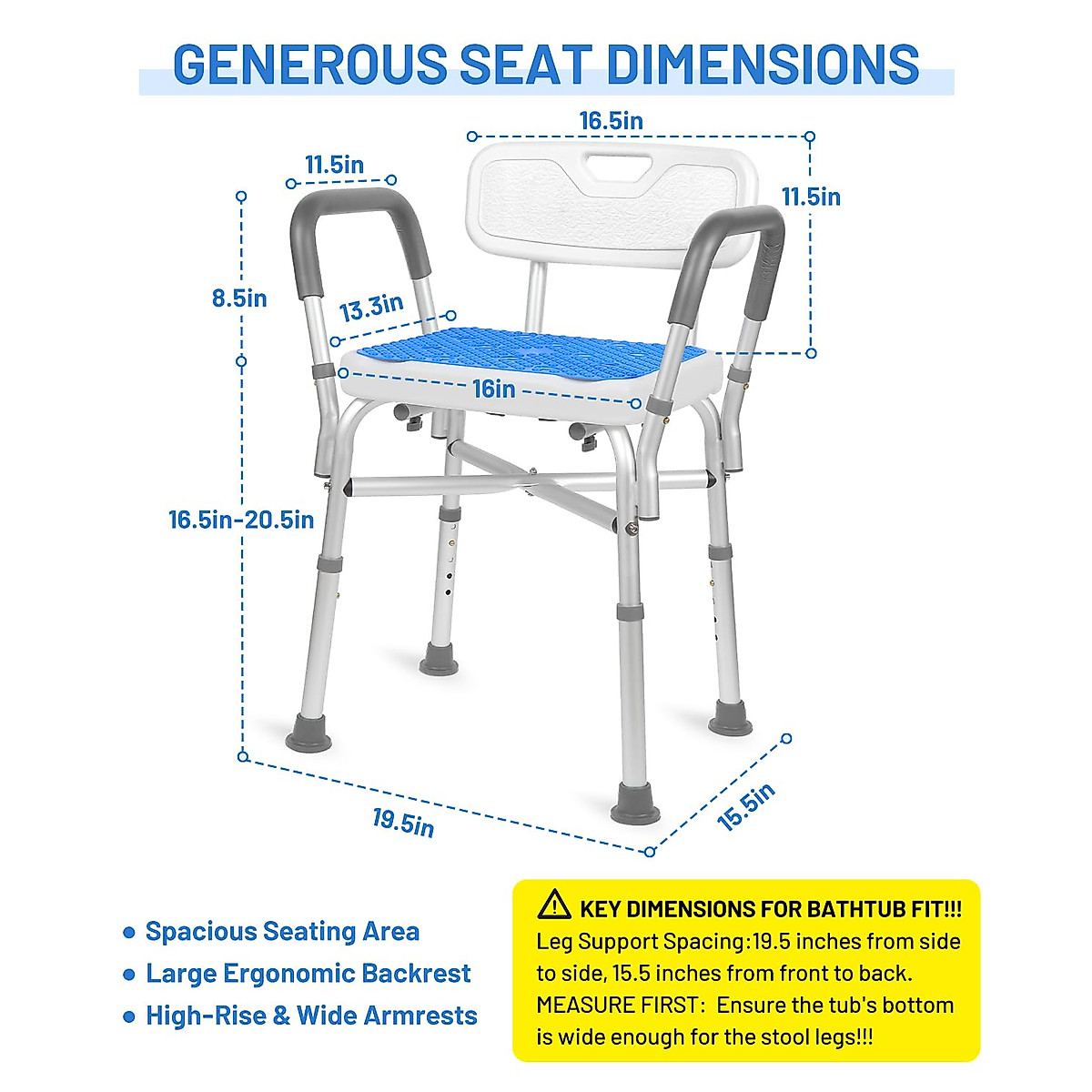 Tocebe Shower Chair for Inside Shower, 550LB Capacity Shower Seat with Reinforced Cross Bar, Adjustable Height Anti Slip Bath Chair with Backrest, Padded Armrests, Loofah Stick for Elderly & Disabled