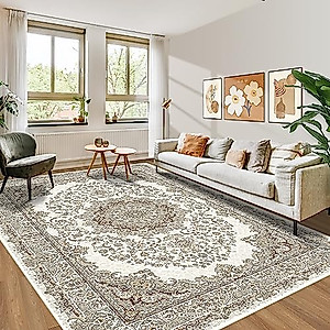 Area Rug Living Room Rugs: 8x10 Washable Oriental Persian Carpet for Bedroom Under Dining Table Large Farmhouse Floral Distressed Indoor Non Slip Decor Home Office Nursery - Beige