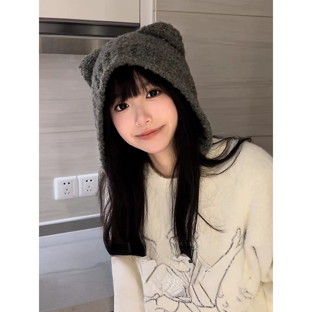 Fairy Grunge Beanie Y2K Bear Ears Hat Crochet Slouchy Hat Winter Warm Knitted Alt Headwear Accessories (Gray,54-58cm)