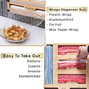 Silk N Sage Bamboo Storage Bag Organizer - 6 in 1 Foil and Plastic Wrap Organizer with Cutter suitable for Gallon, Quart, Sandwich Bag and Wrapping Papers.