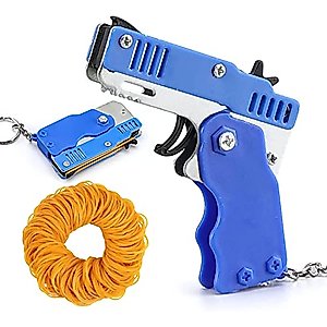 QKUDNGHY Kids Toys Cool Keychain Rubber Band Mini Metal Folding Rubber Launcher Toy with 60 Elastic Rubber Bands for Game Outdoor Activities (Blue)