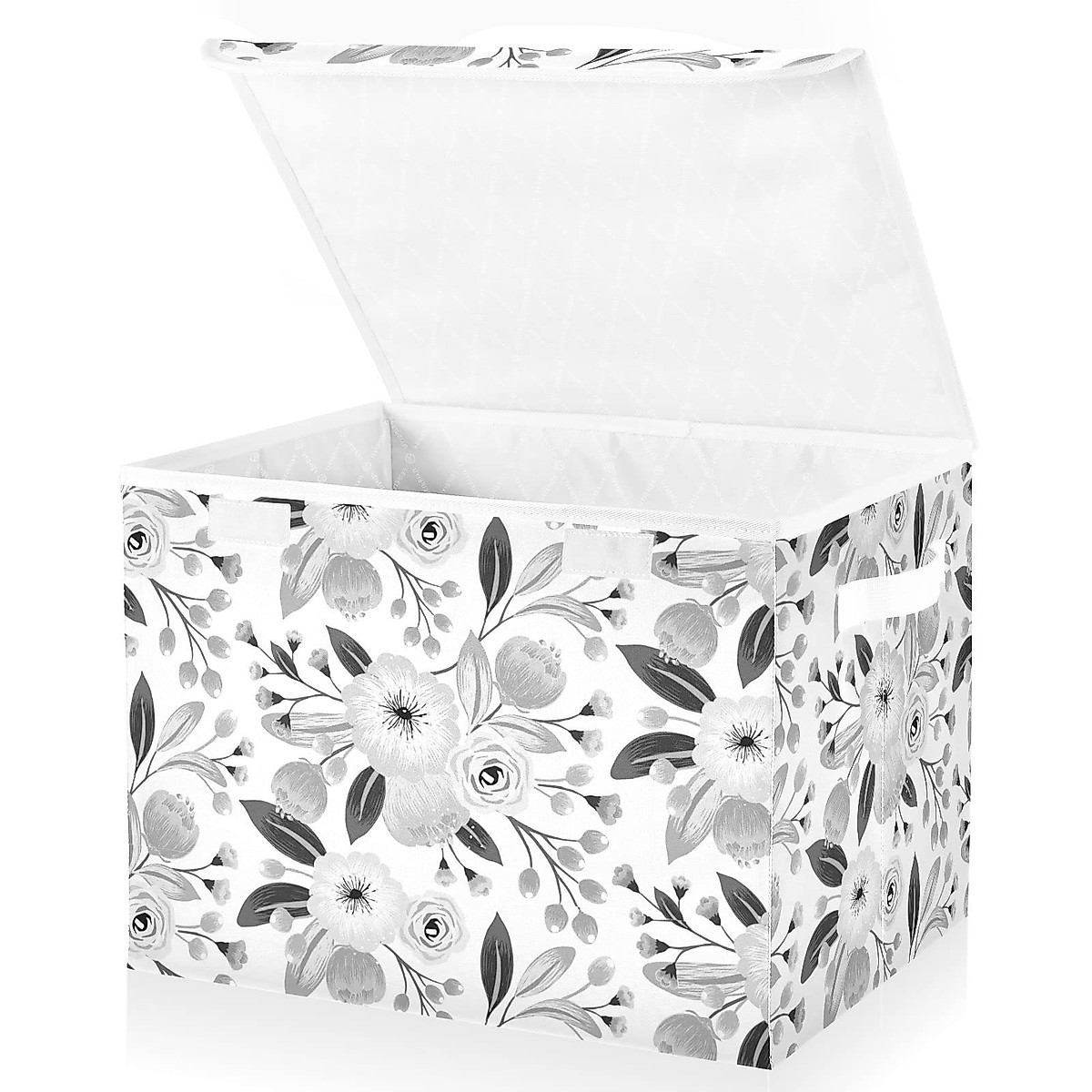 Black Grey Floral Flowers on White Storage Basket Bin with Lid, Foldable Bucket Box Closet Organizer Laundry Hamper for Home Office 16.5x12.6x11.8 in
