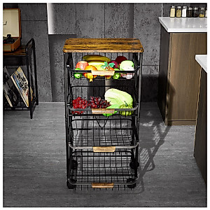 MAWEW Vegetable Kitchen Storage Basket,Potato Storage Basket,Vegetable Storage Cart with Universal Wheel,Rustic Farmhouse Vegetable Storage Basket, Kitchen Vegetable Storage Rack，snack shelf(5 Tier)