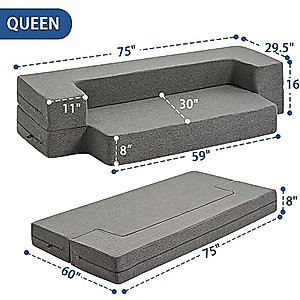 ILPEOD Floor Sofa Bed Futon Couch, Fold Out Couch Bed, Queen Size 8 Inch Memory Foam Folding Sofa Bed Couch, Sleeper Convertible Mattress and Frame for Bedrooms Living Room Gaming Bed, Grey