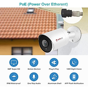Anpviz 5MP Bullet POE IP Camera with Mic/Audio, 2.8mm Lens Security Camera for Outdoor Indoor, Human & Motion Detection, 98ft IR Night Vision, Up to 256GB MicroSD for 24/7 Recording (U Series)