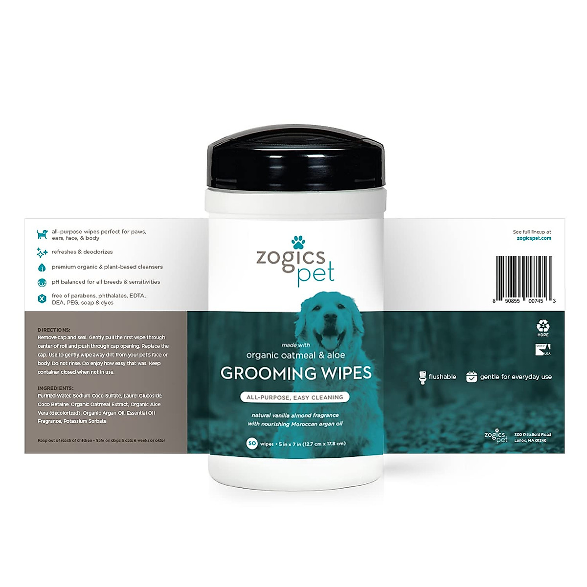 Zogics Pet Multi-Purpose Dog Grooming Wipes with Organic Oatmeal & Aloe - Thick, Hypoallergenic Wipes for Spot Cleaning and Between Baths (50 Wipes)
