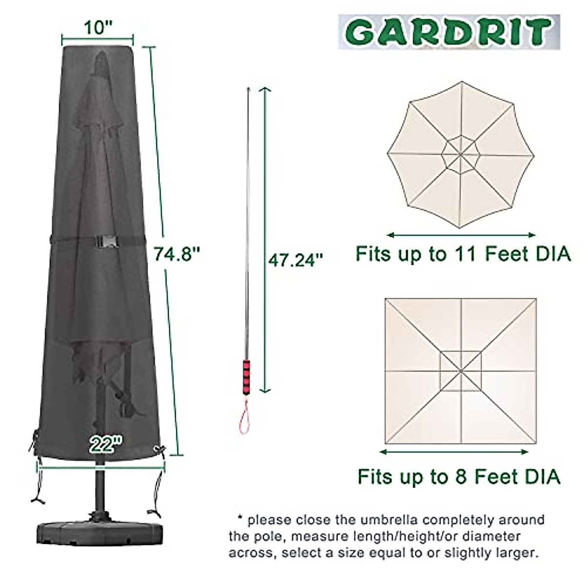GARDRIT Patio Umbrella Cover, Waterproof 600D Oxford Fabric Umbrella Covers with Smooth Long Zipper and Telescopic Rod, Fits Outdoor Market Umbrellas 7ft to 11ft, Black