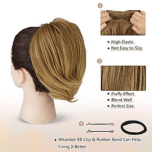 BARSDAR Brown Hair Bun Ponytail Extension, Straight Synthetic Hair Bun Hairpiece For Women, Fully Short Ponytail Bun Extensions Elastic Hair Bun Scrunchies Girls Daily - Light Golden Brown