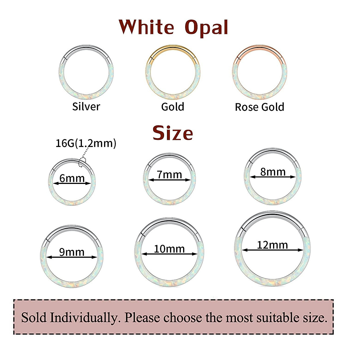PEAKLINK Septum Jewelry 16G White Opal Septum Rings Daith Earring 316L Conch Piercing Jewelry 16G Nose Hoop Ring Septum Clicker Silver Rook Helix Tragus Cartilage Lobe Earring 8mm