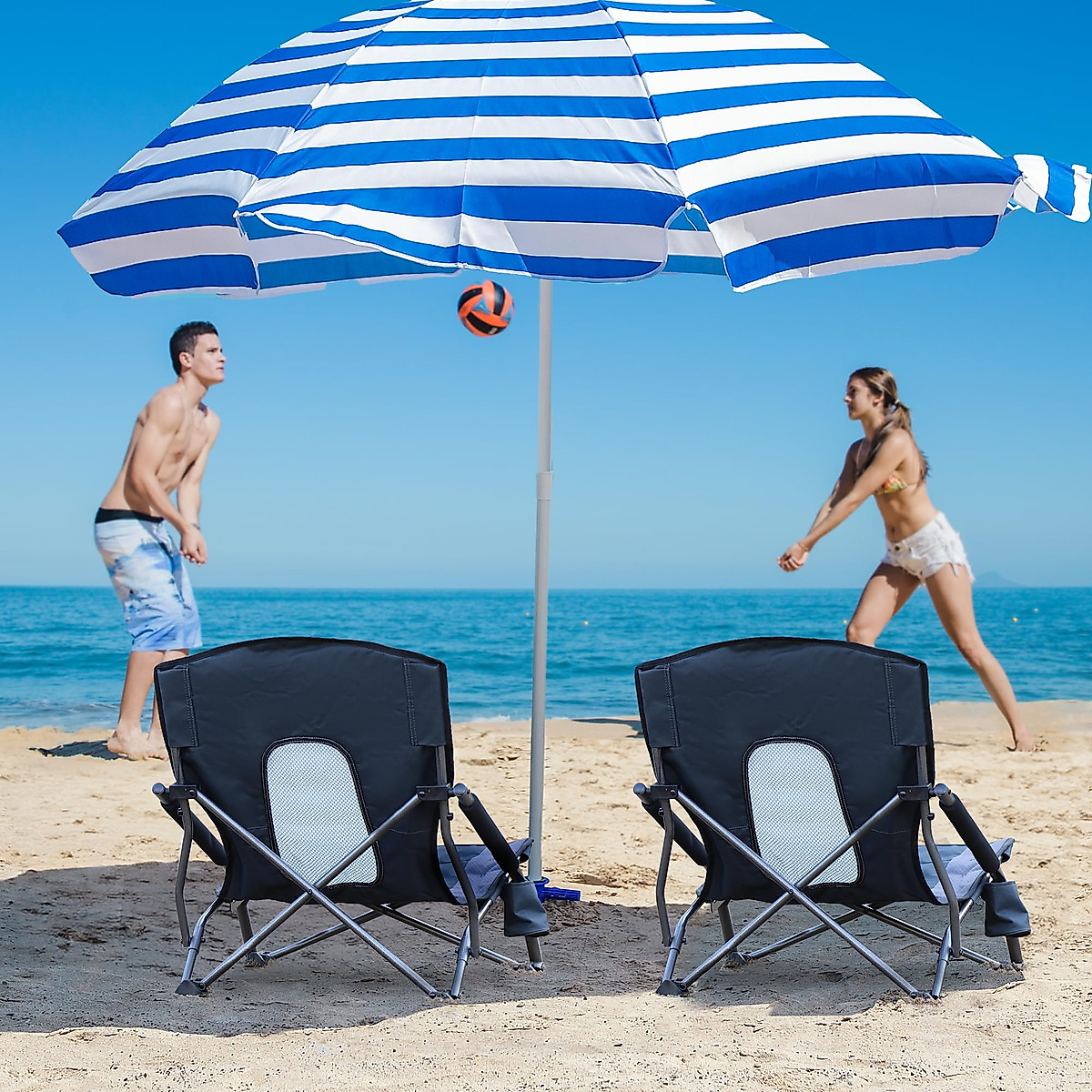 PORTAL Beach Camping Folding Chairs for Adults Low Lightweight Portable Chair with Cup Holder High Mesh Back Carry Bag for Outdoor, Lawn, Sand, Travel, Picnic, Festival, Concert, BBQ, Sports, 300LBS