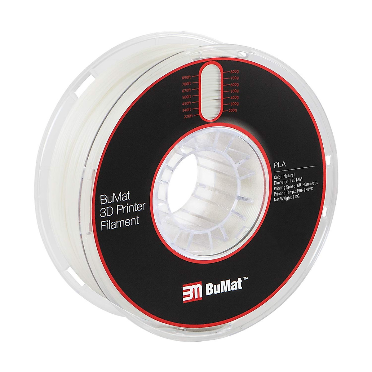 BUMAT PLA 3D Printer Filament, 1.75mm (Clear/Natural), 1kg Spool (2.2lbs), Guaranteed Fresh, Dimensional Accuracy +/- 0.02mm, Tangle-Free, Fits Most FDM Printers [Risk-Free]