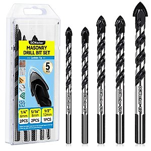 Professional Concrete Drill Bit 5-Pack Masonry Drill Bit Set, Industrial-Strength Cement Drill Bits, 1/4'' 5/16'' 1/2'' Masonry Drill Bits for Brick/Tile/Glass/Cement/Etc, Carbide Drill Bits Tip