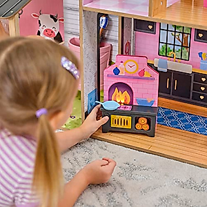 KidKraft Windmill Elevator 2-in-1 Wooden Barn & Dollhouse with Horse and Lights & Sounds, Over 3 Feet Tall, Pink