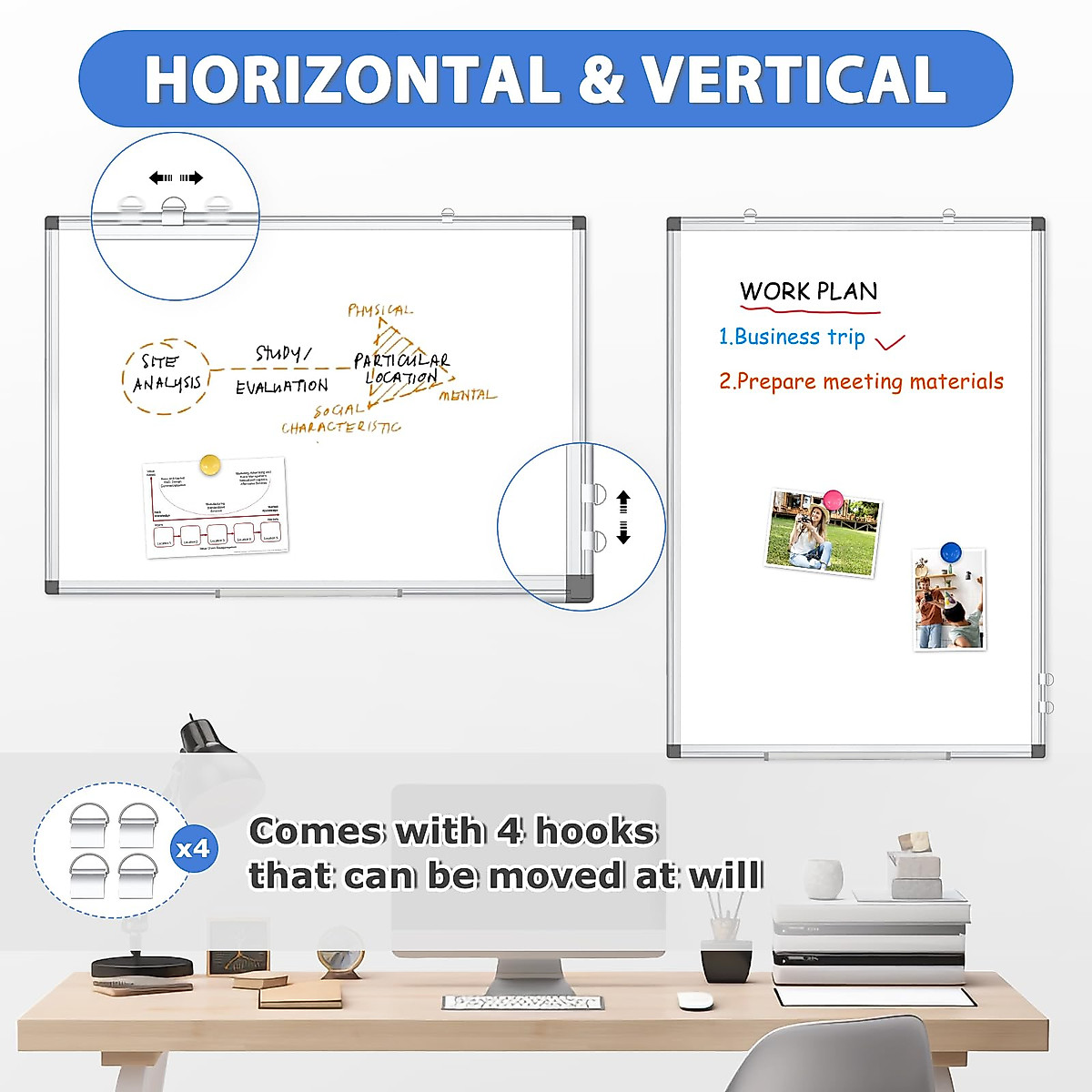WALGLASS Magnetic White Board, 36" x 24" Double-Sides Dry Erase White Board for Wall, Hanging or Mounted Whiteboard, Horizontal or Vertical, Silver Aluminium Frame, Home, School, Office, Kitchen