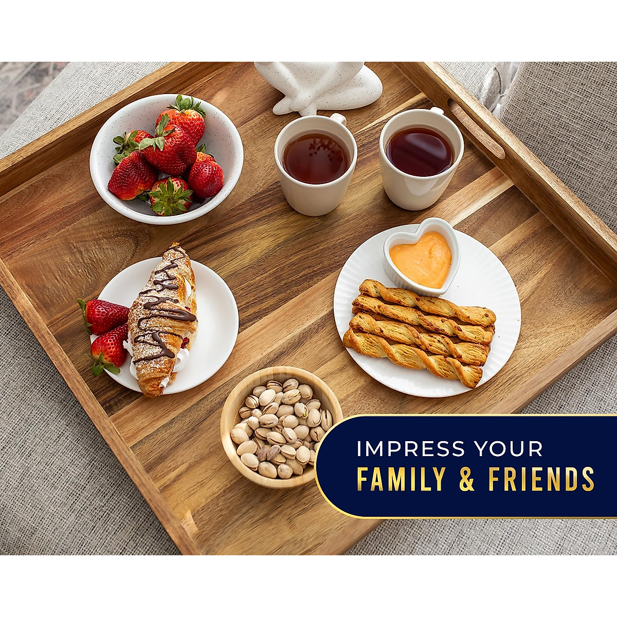 Extra Large (22") Square Premium Acacia Wood Ottoman Tray with Handles - Use for Serving Food in Style for Dinner, Breakfast, Snacks, BBQ, Entertaining Guests & More