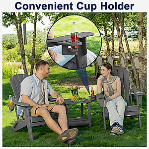 Plawdlik Folding Adirondack Chair, SGS Tested, Wooden Textured with Cup Holder, Heavy All-Weather HDPE Comfortable Set Poolside Backyard Lawn Grey