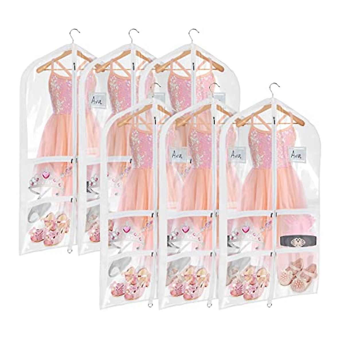 Univivi Clear PVC Dance Costume Bags (6 Pack) Garment Bag 40 Inch for Dance Competitions, with 4 Medium Clear Zipper Pockets and 1 Large Back Zippered Pocket [Upgraded Version] (40'' x 24'' 6 Pack)