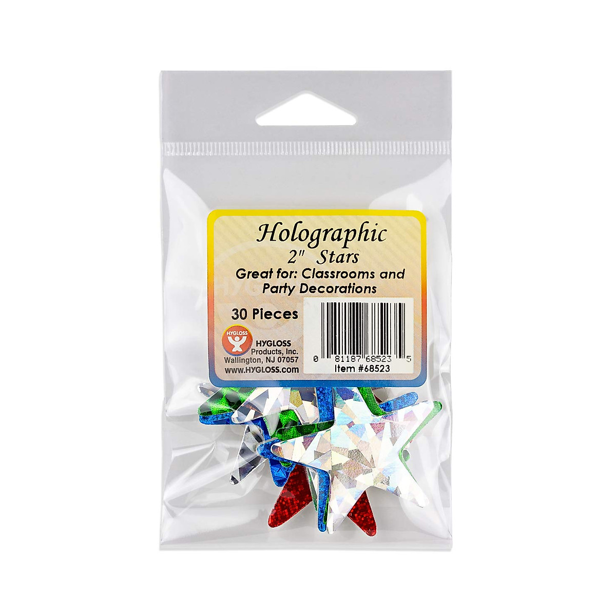 Hygloss Products Holographic Shape Cut-Outs, Sparkly Card Stock Stars in Assorted Designs and Colors, 2-Inch, 30 Per Pack