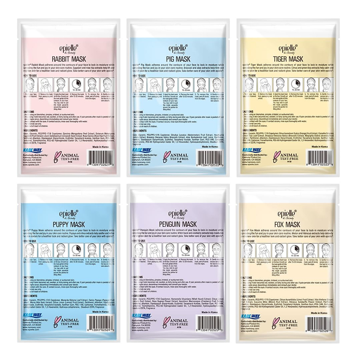 Epielle Animal Character Sheet Masks | Korean Beauty Masks for All Skin Types | Pack of 6 | Kids Face Mask, Birthday Party Gift, Girls' Night, Spa Day, Spa Night | Korean Skincare