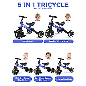 ﻿XJD 5 in 1 Toddler Bike, Tricycle for Toddlers 1-3 with Adjustable Seat Height, Removable Pedals, Ideal Balance Bike Birthday Gifts and Toys for Boys and Girls (Blue)